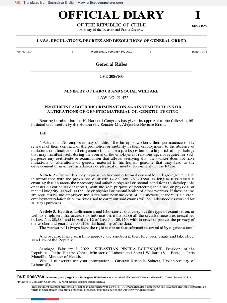 Chile Law 21,422: Genetic Discrimination Prohibition | PDF | Employment ...