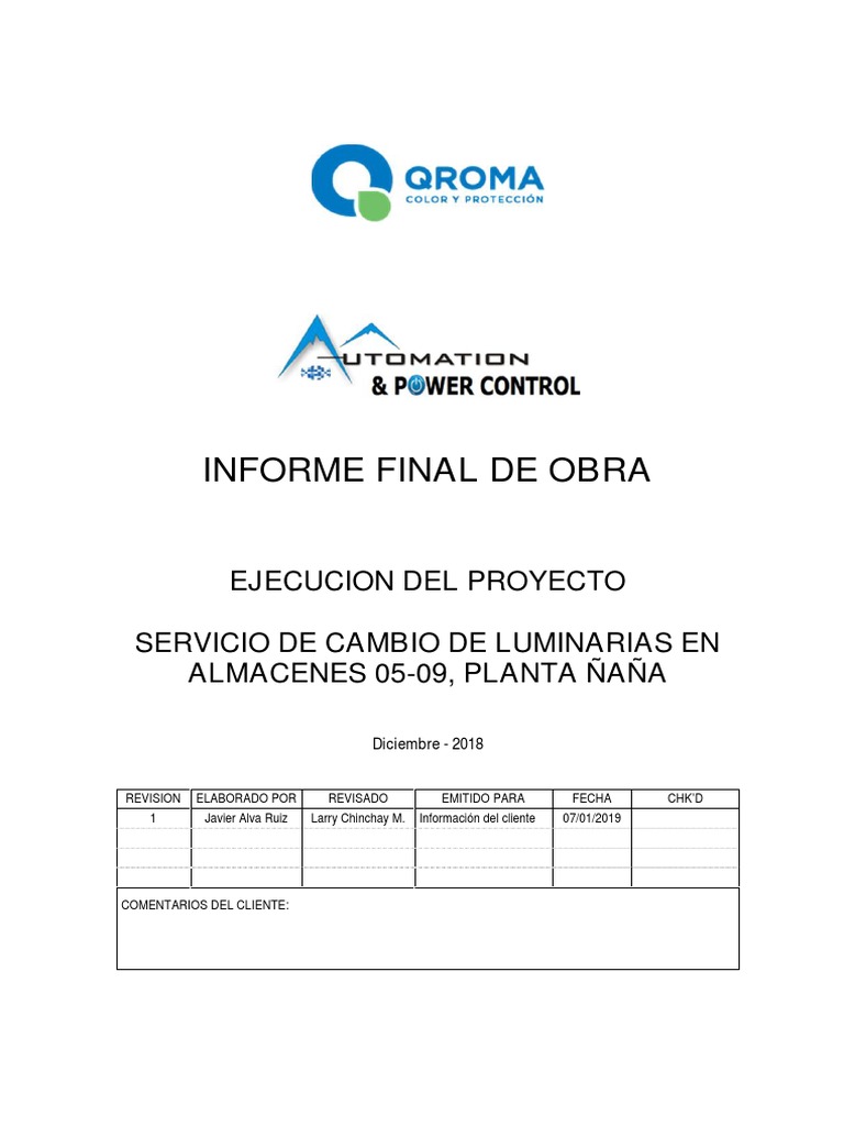 Informe Final de Obra: Ejecucion Del Proyecto Servicio de Cambio de Luminarias en Almacenes 05 ...