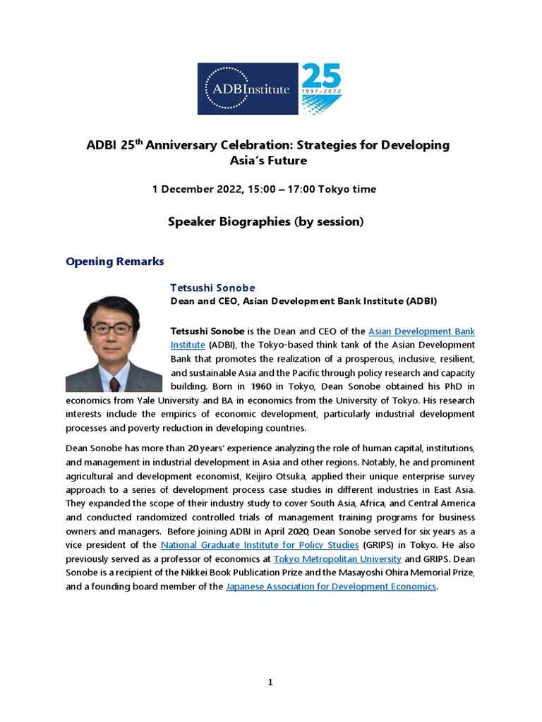 Speakers Biographies Adbi Anniversary | PDF | Asian Development Bank | Economics