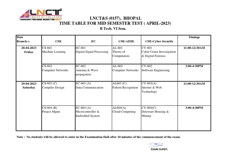 LNCT&S B. Tech.-Vi Sem Time Table For Mid Sem Test-April-2023 | PDF
