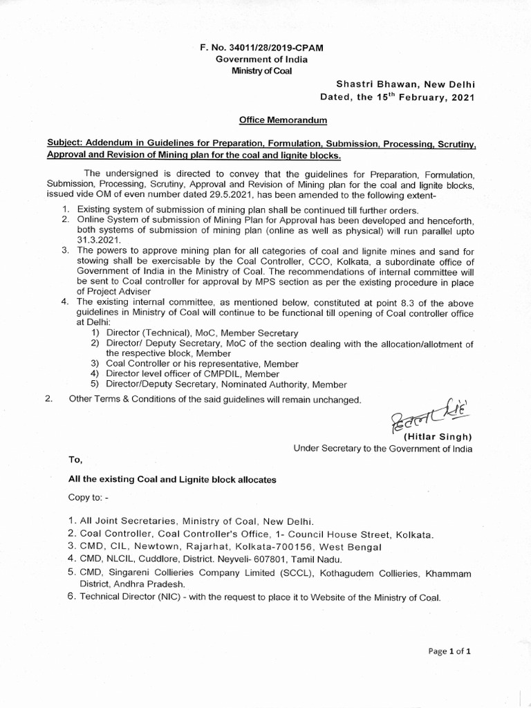 Guidelines Update for Coal Mining Plans | PDF | Coal | Government Of India