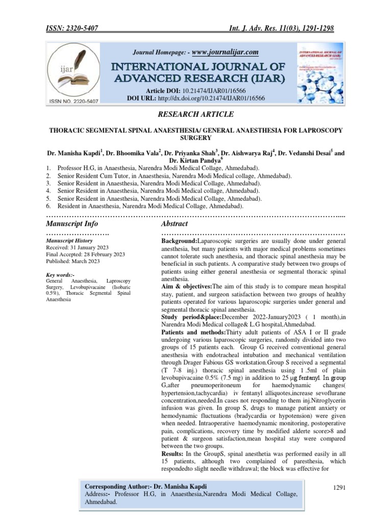 Thoracic Segmental Spinal Anaesthesia/ General Anaesthesia For ...