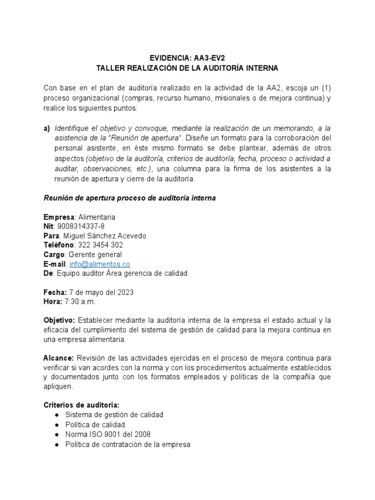 Asistencia de La "Reunión de Apertura". Diseñe Un Formato para La ...