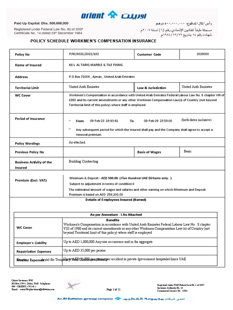 Policy Schedule Workmen'S Compensation Insurance: Details of Employees ...
