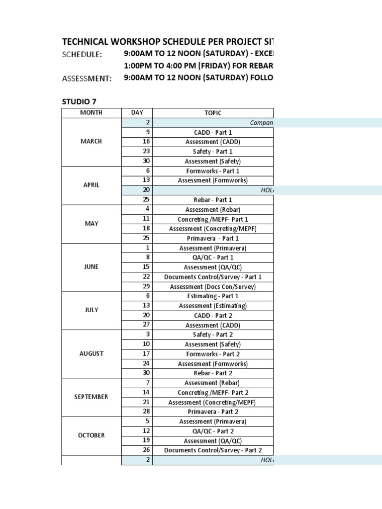 Technical Workshop Schedule Per Project Site: Schedule: Assessment: 9 ...