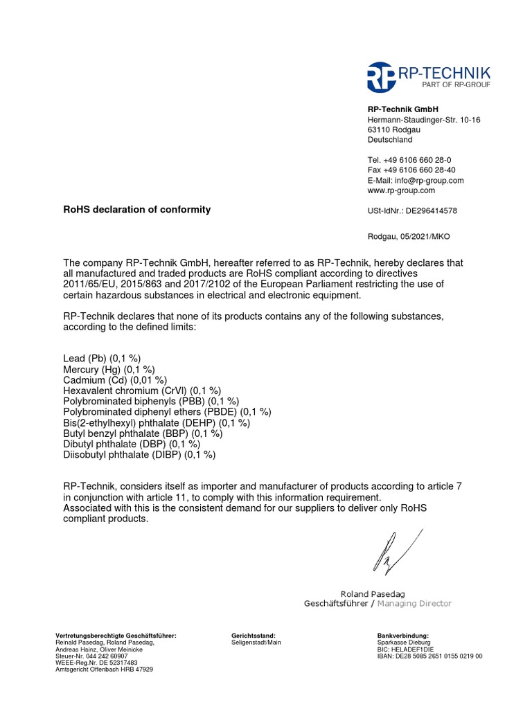 RoHS Declaration of Conformity from RP-Technik GmbH stating that all of ...