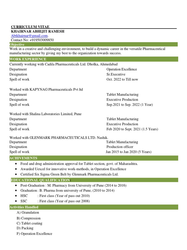 Resume Abhijit Khairnar (Opex) | PDF | Tablet (Pharmacy) | Business