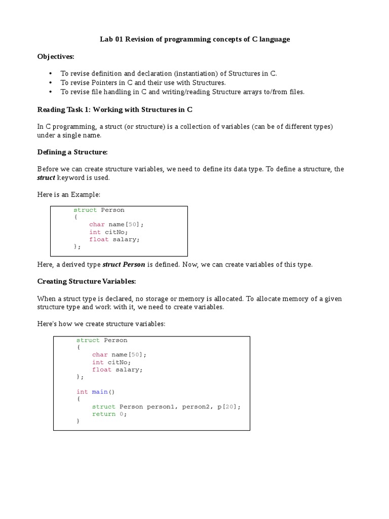 Lab 01 Revision of C Concepts | PDF | Pointer (Computer Programming ...