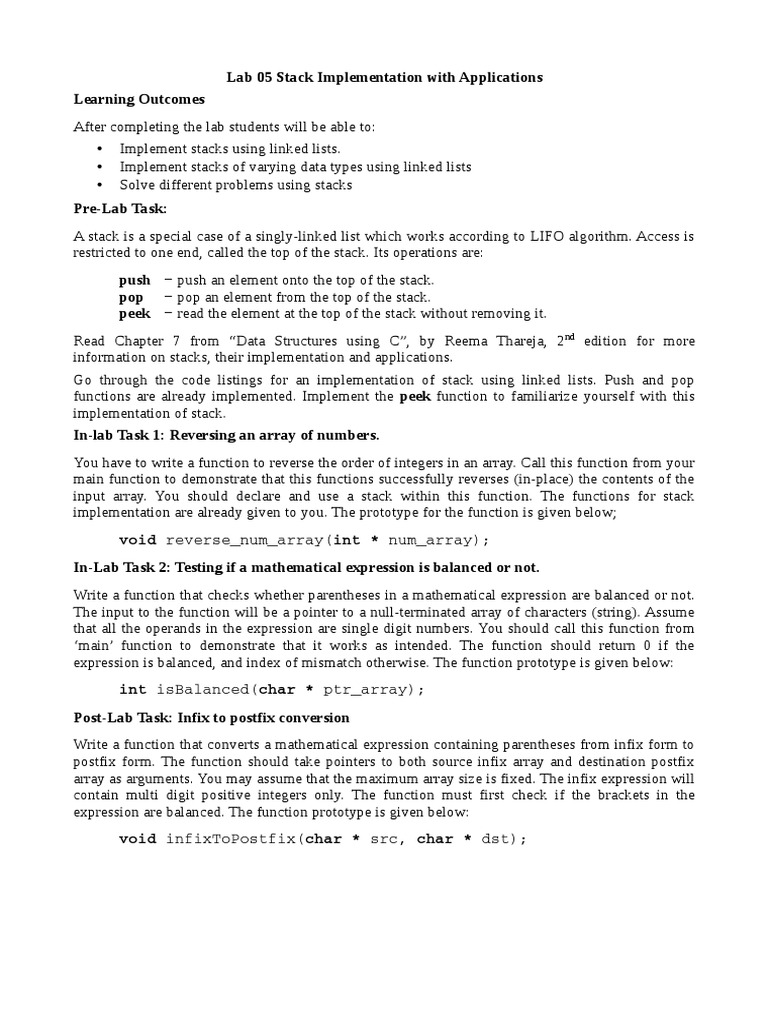 Lab 05 Stack Implementation With Applications | PDF | Software Engineering | Computing