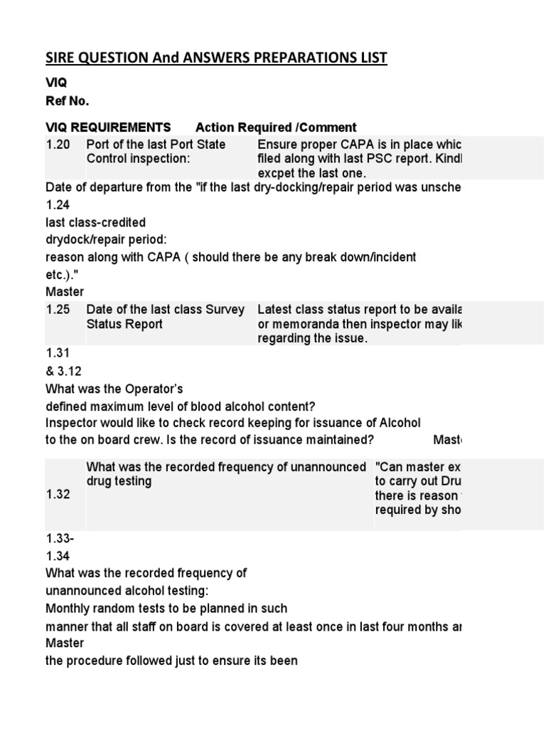 SIRE QUESTION and ANSWERS PREPARATIONS LIST | PDF | Oil Tanker