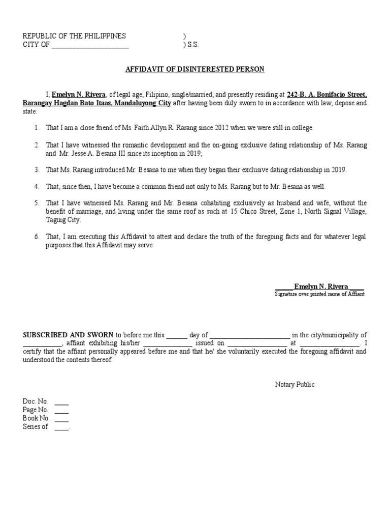 Affidavit of Disinterested Persons | PDF | Affidavit | Civil Law ...