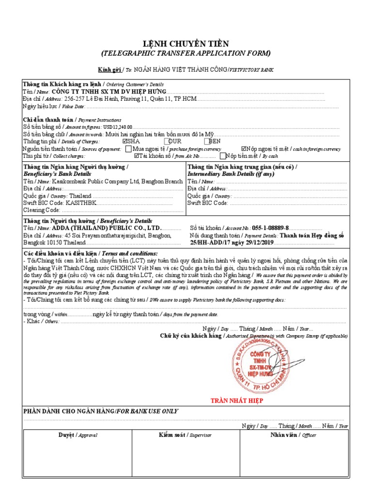 Lệnh Chuyển Tiền: (Telegraphic Transfer Application Form) | PDF