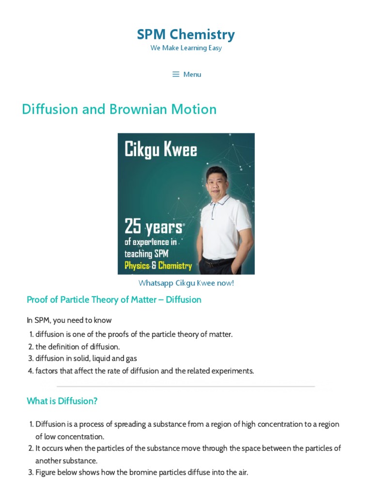 Diffusion and Brownian Motion - SPM Chemistry | PDF