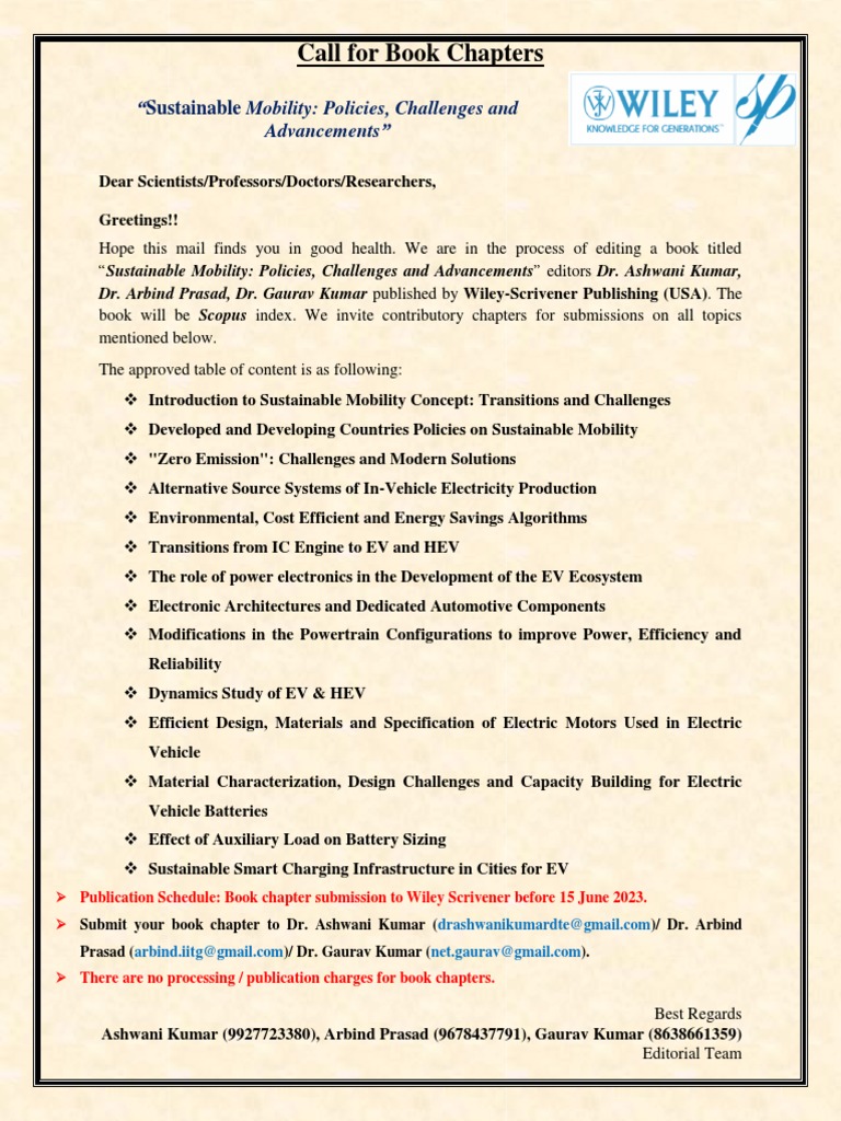 Call for Book Chapters on Sustainable Mobility | PDF | Technology ...
