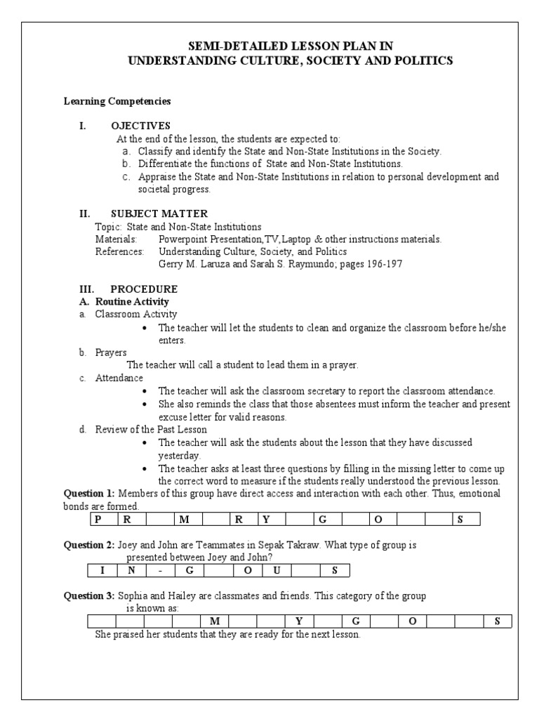 SEMI - Detailed Lesson Plan UCSP | PDF | Teachers | Banks