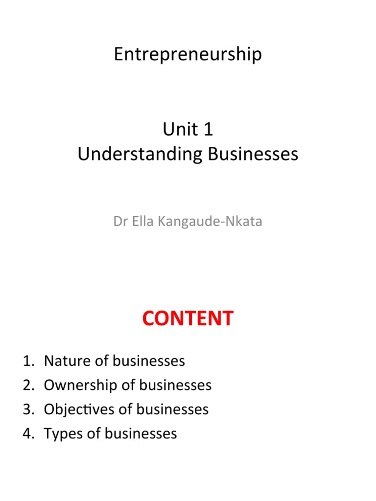 Entrepreneurship Unit 1 Understanding Businesses: DR Ella Kangaude ...