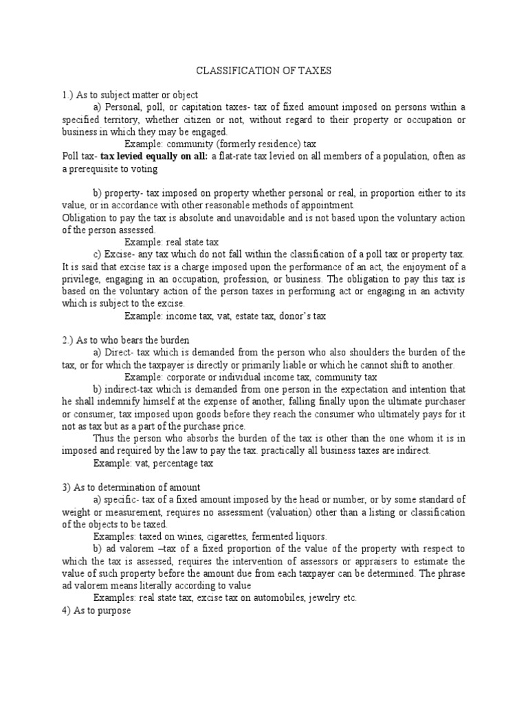 Classification Of Taxes Pdf Taxes Ad Valorem Tax