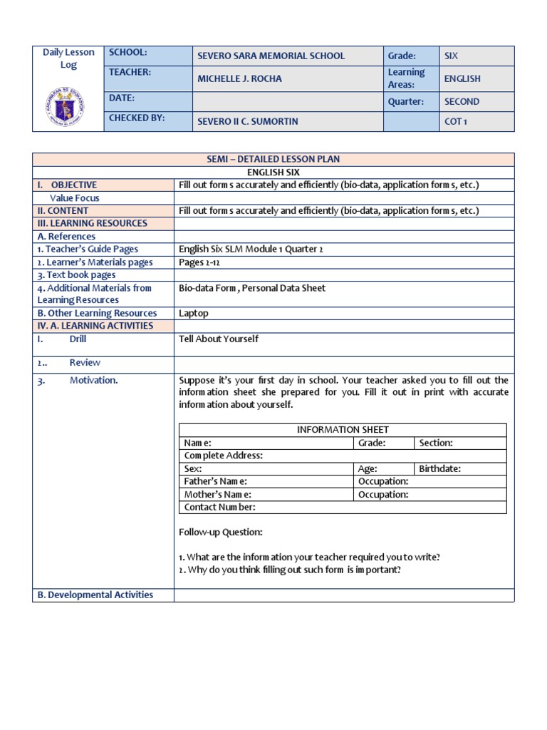Daily Lesson Log SIX English Second Cot 1 | Download Free PDF | Learning