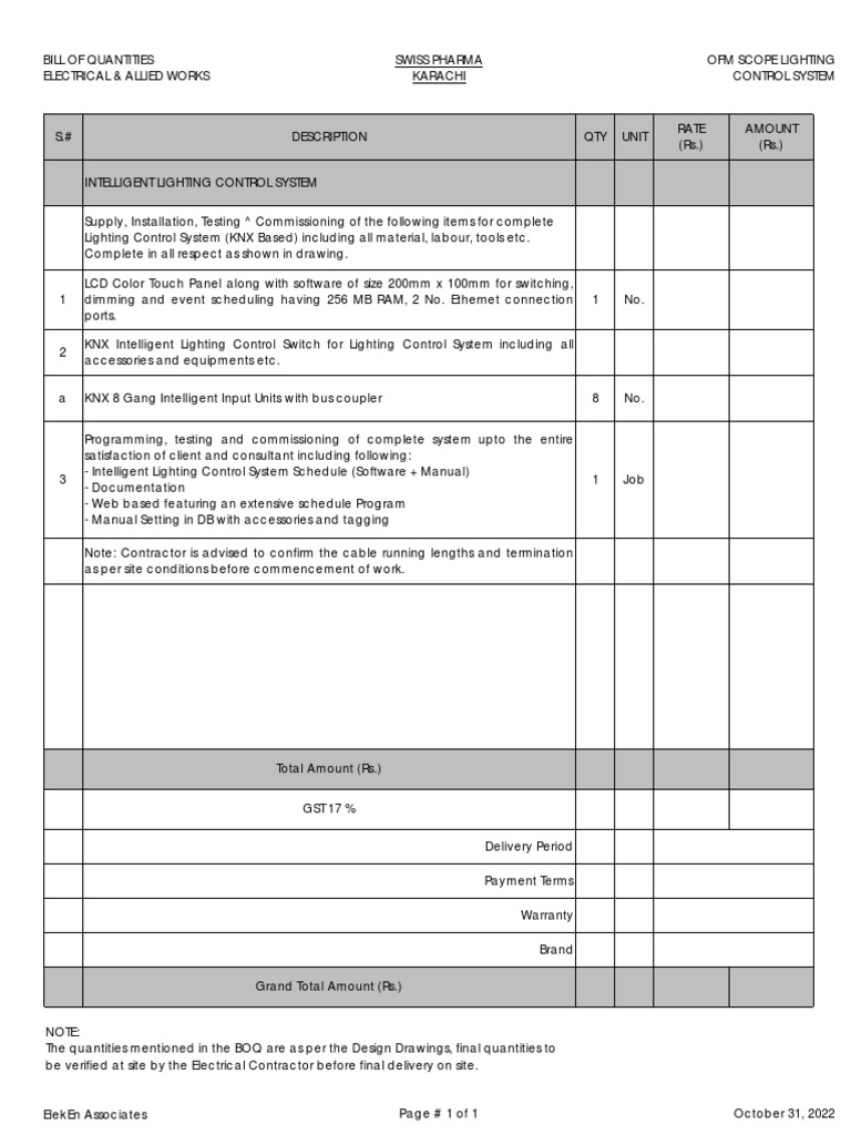 BOQ-Lighting Control System-Swiss Pharma | PDF | Lighting | Computer ...
