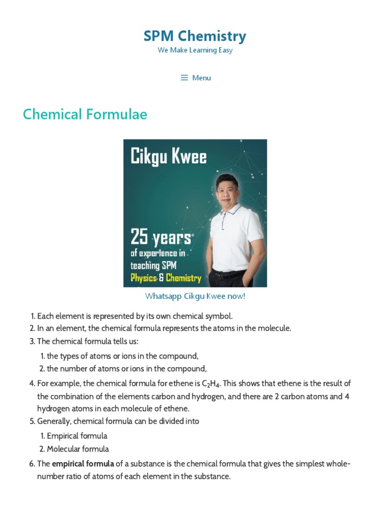 Chemical Formulae - SPM Chemistry | PDF