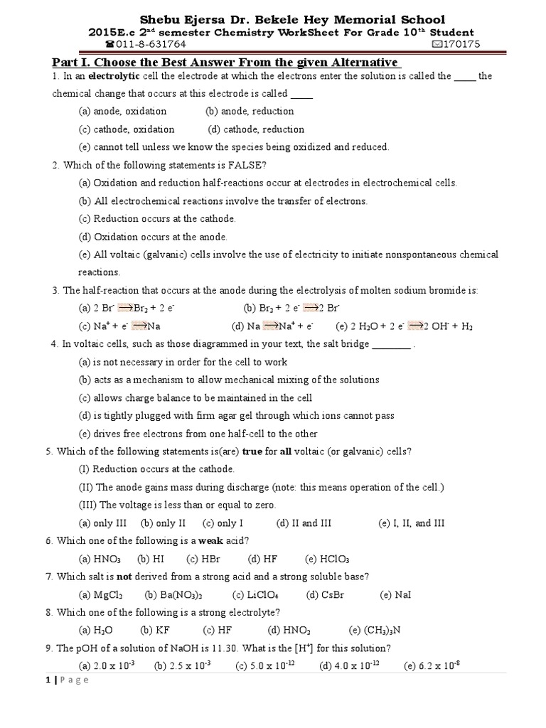Work Sheet For G10 | PDF | Anode | Redox