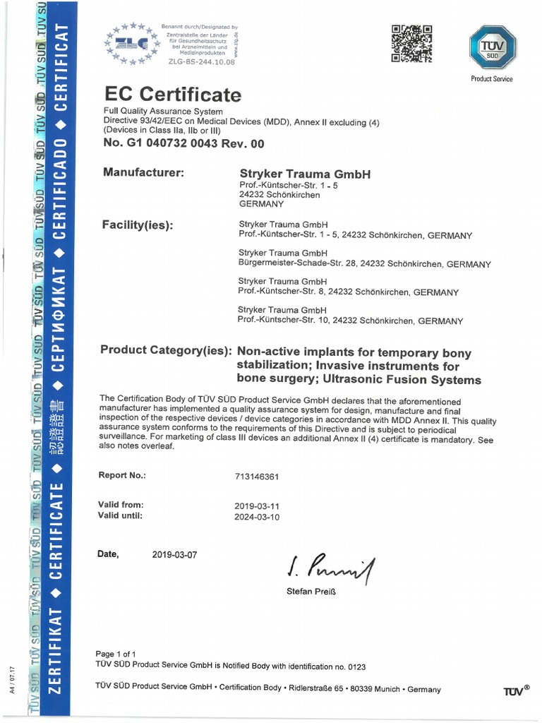 CE Stryker Trauma GMBH G1 040732 0043 Rev00 | PDF