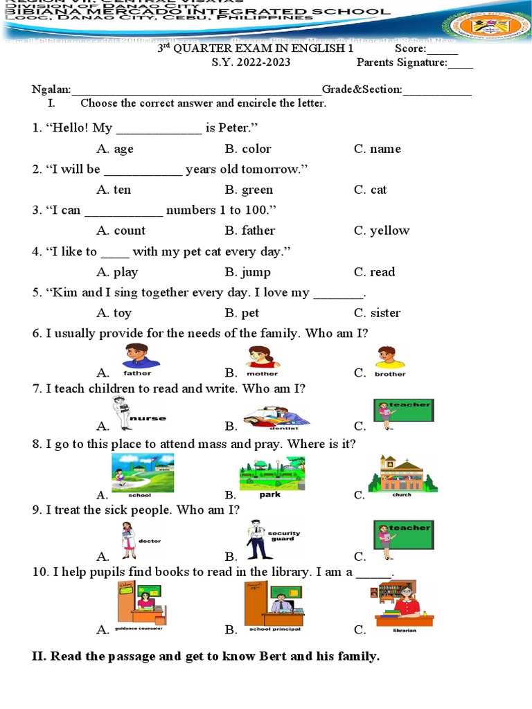 3rd Quarter Exam in English 1 Score | PDF