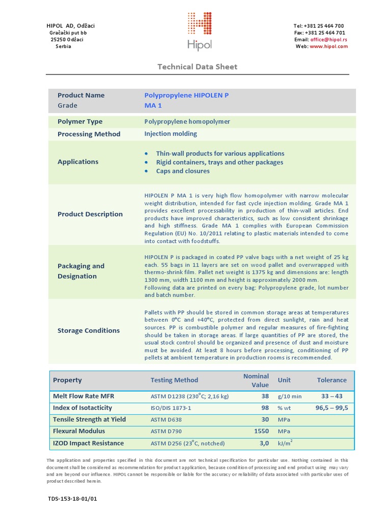 Technical Data Sheet for Polypropylene HIPOLEN P Grade MA 1: Properties ...