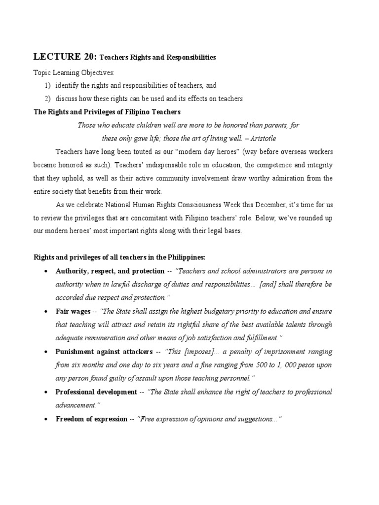 LECTURE 20 - Teachers Rights and Responsibilities | PDF | Ethical ...