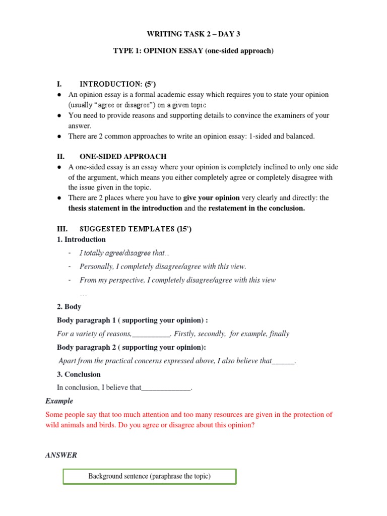 Writing Task 2 - Day 3 TYPE 1: OPINION ESSAY (One-Sided Approach) | PDF ...