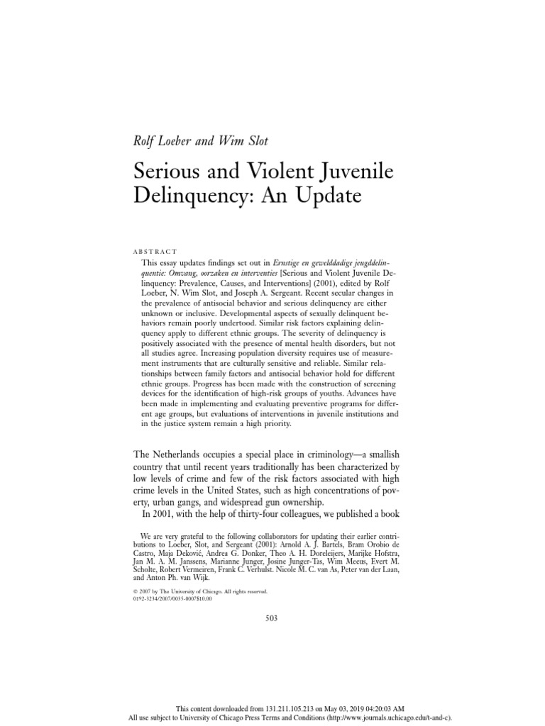 Serious and Violent Juvenile Delinquency: An Update: Rolf Loeber and Wim Slot | PDF | Juvenile ...