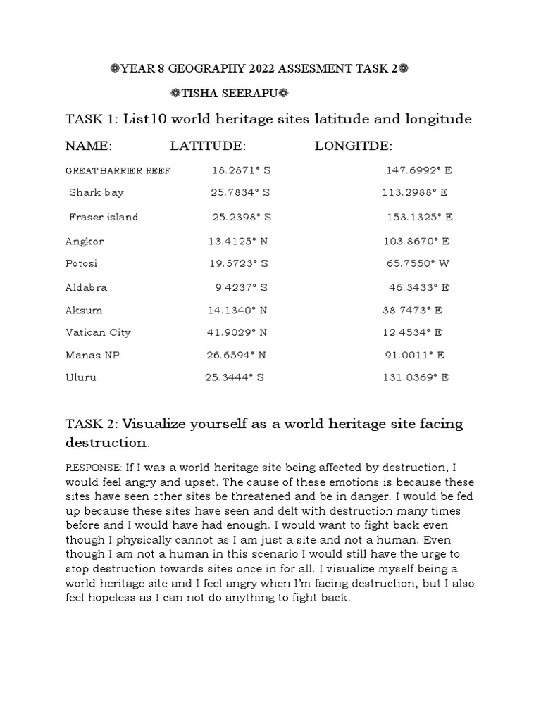 Year 8 Geography 2022 Assesment Task 2 | PDF | World Heritage Site ...