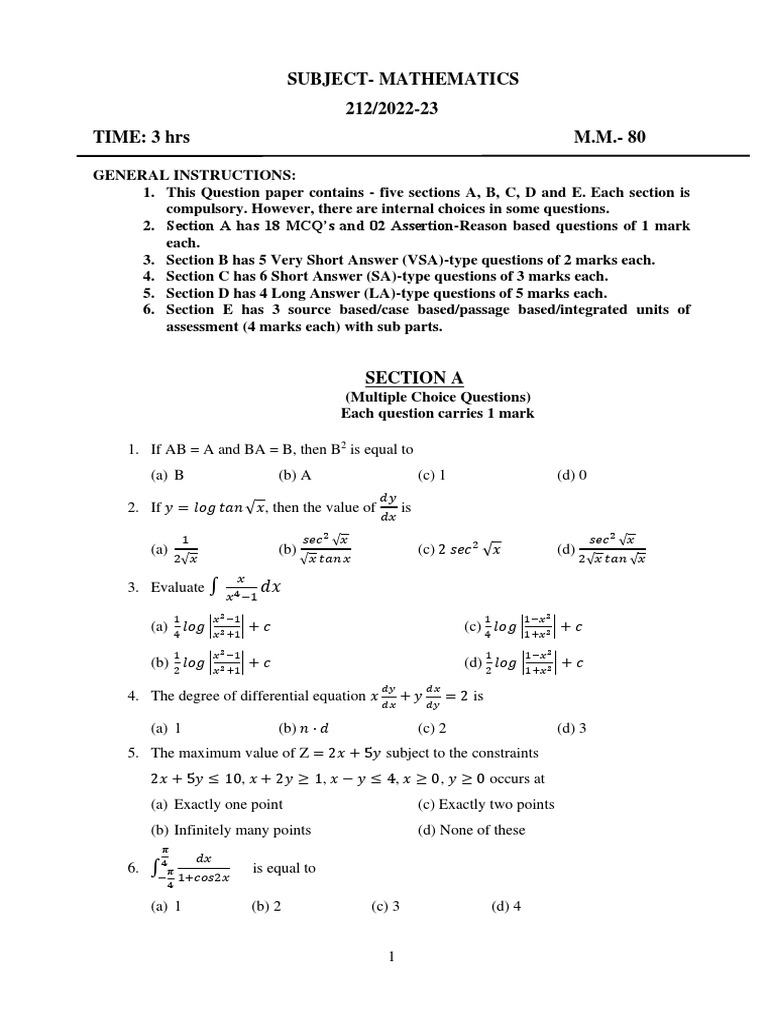212 2022-23 Mathematics | PDF | Matrix (Mathematics) | Mathematical Concepts
