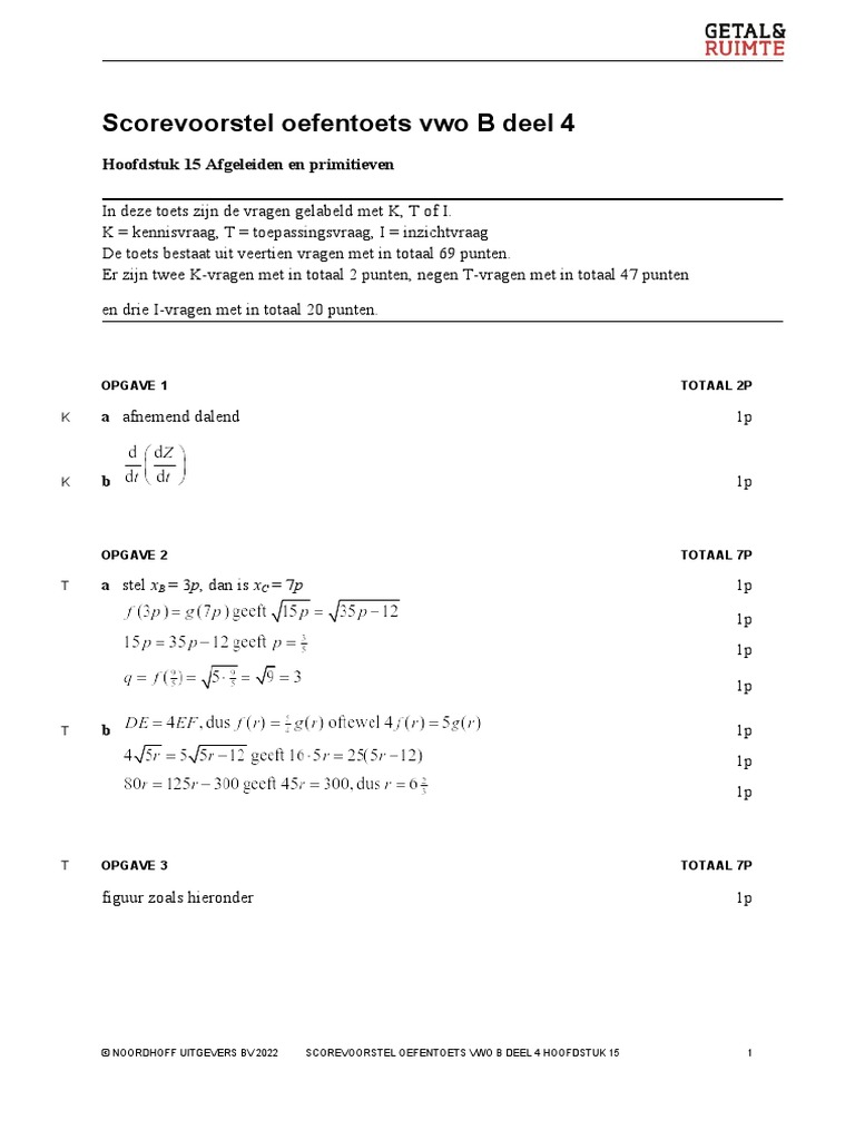 Scorevoorstel Oefentoets Vwo B Deel 4: Hoofdstuk 15 Afgeleiden en Primitieven | PDF