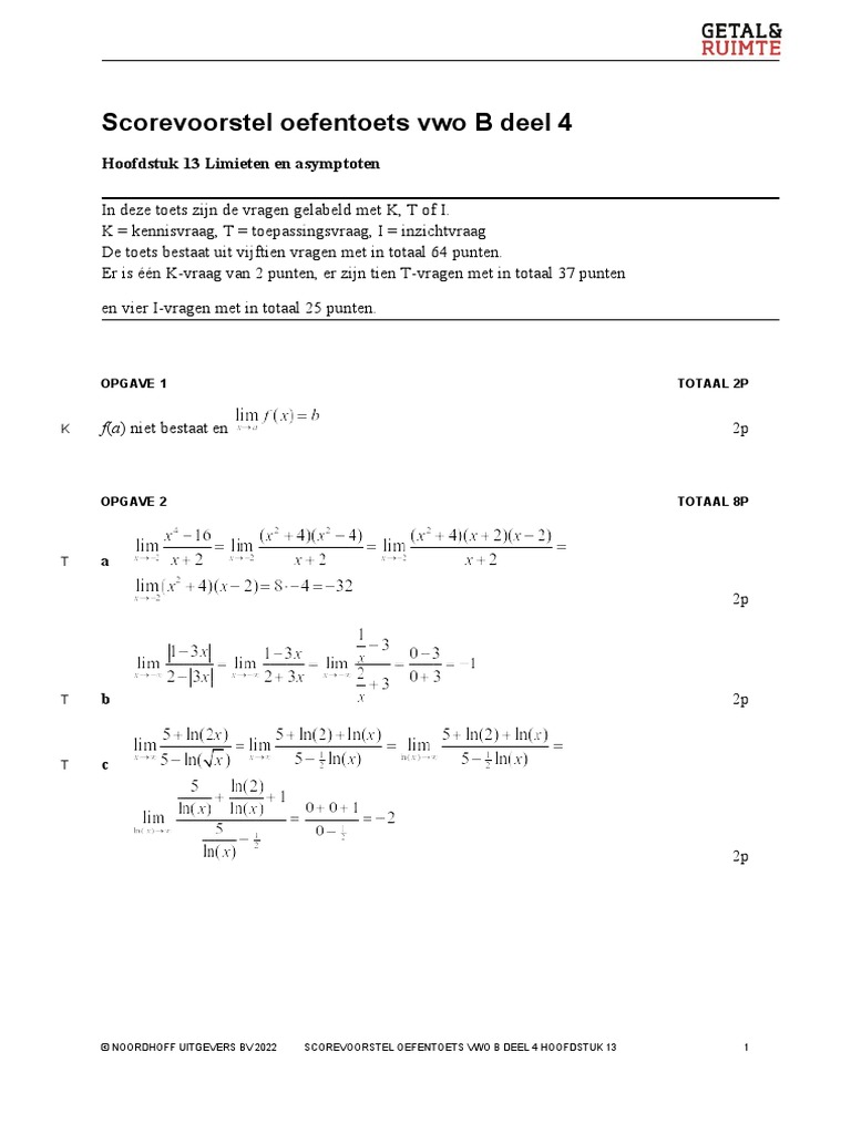 Scorevoorstel Oefentoets Vwo B Deel 4: Hoofdstuk 13 Limieten en Asymptoten | PDF