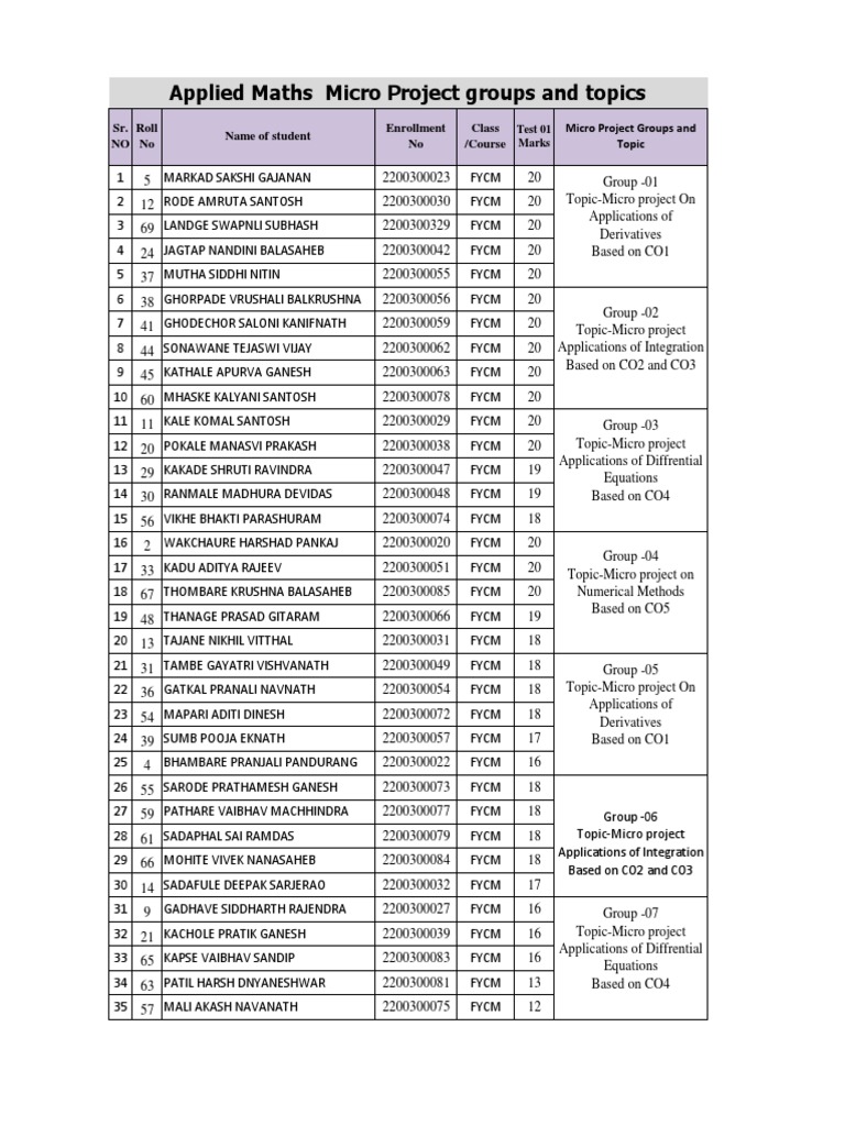 Applied Maths Micro Project Groups | PDF | Mathematics | Science
