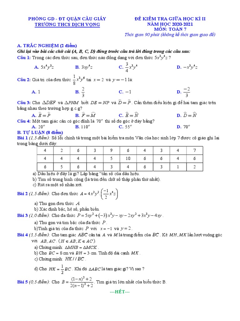 De Kiem Tra Giua Hoc Ki 2 Toan 7 Nam 2020 2021 Truong Thcs Dich Vong Ha Noi | PDF