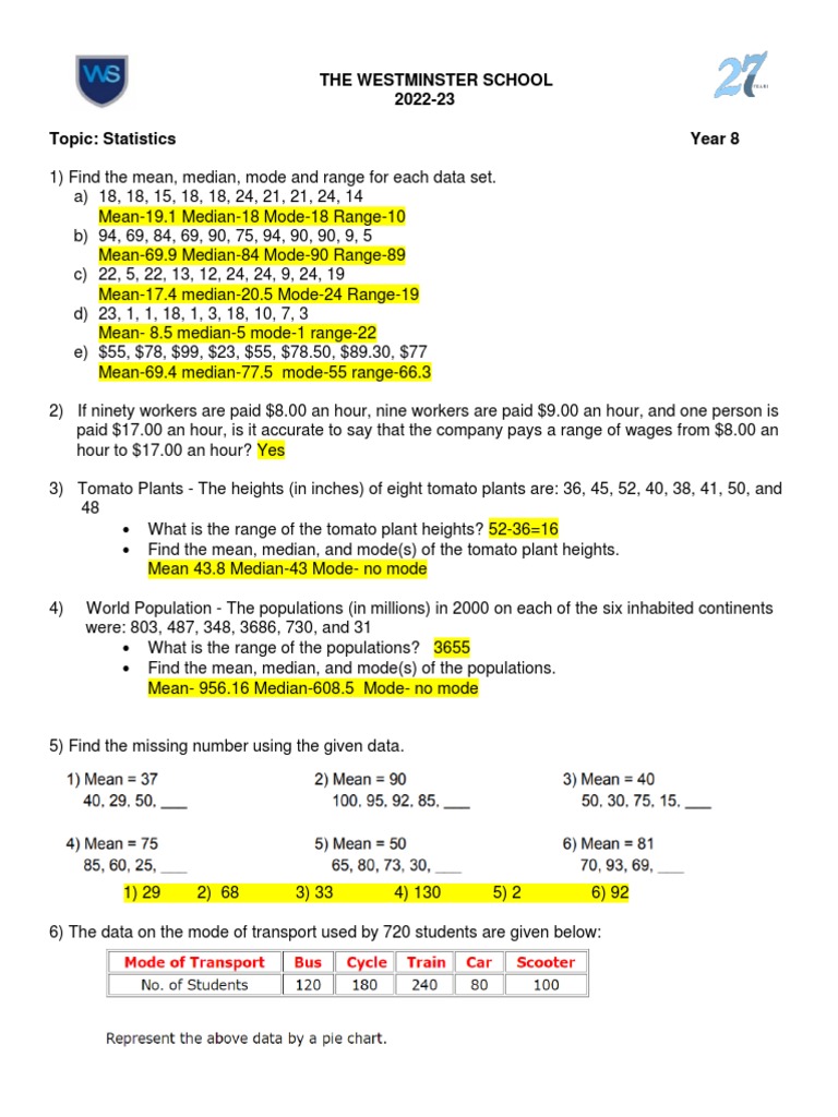 2022-23 Topic: Statistics Year 8 | PDF | Mean