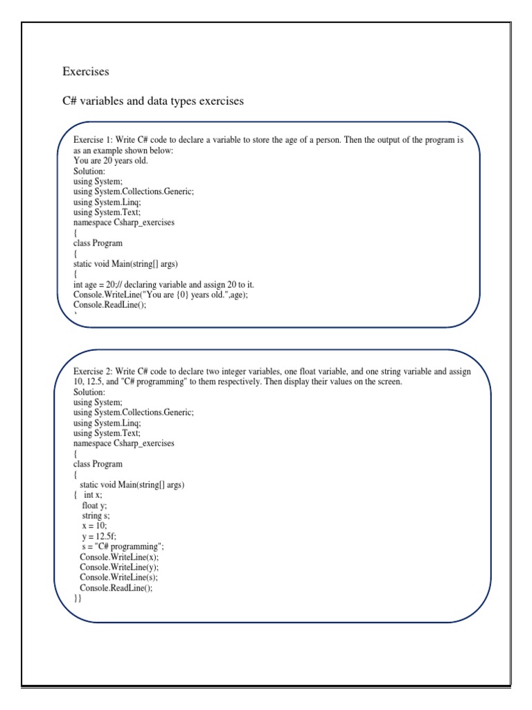 Exercises C# Variables and Data Types Exercises | PDF | C Sharp ...