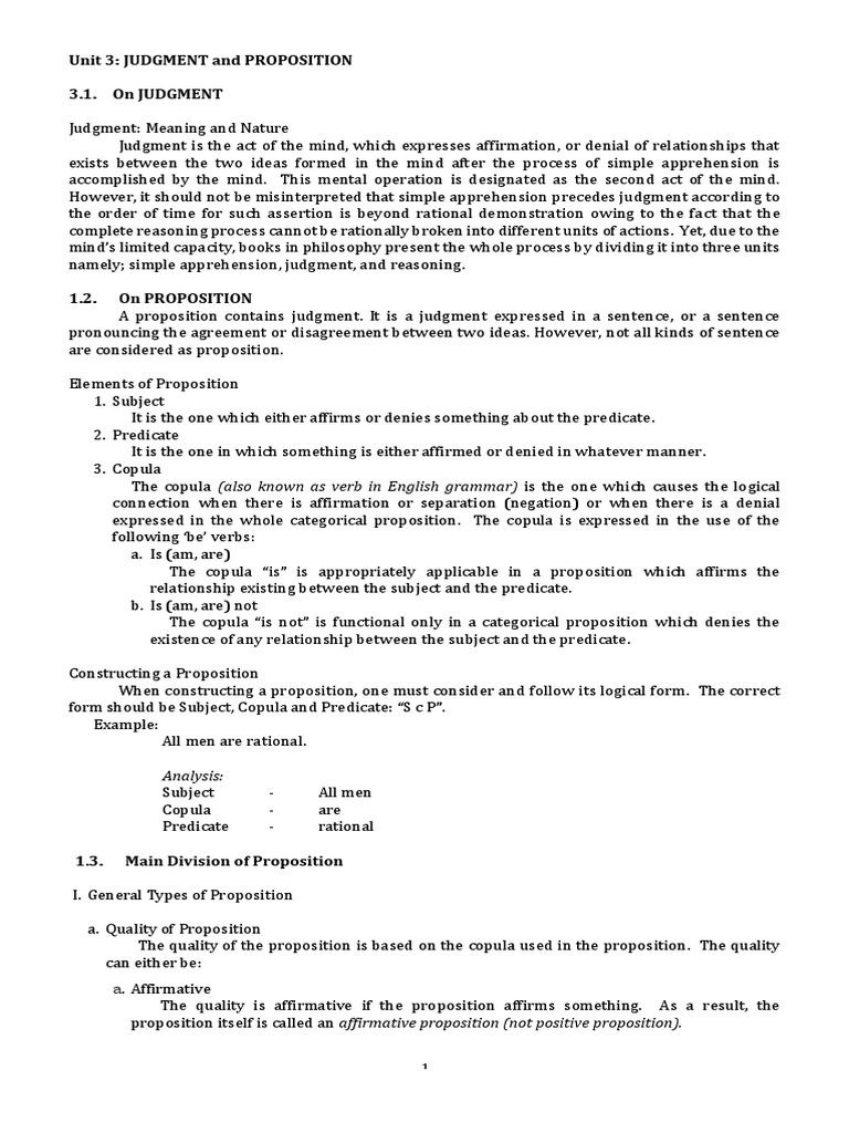 Unit 3 - JUDGMENT and PROPOSITION | PDF | Proposition | Predicate (Grammar)