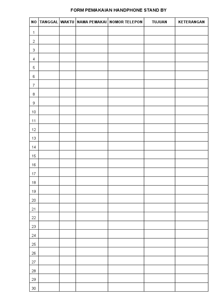 Form Pemakaian Handphone Stand By: No Tanggal Waktu Nama Pemakai Nomor ...