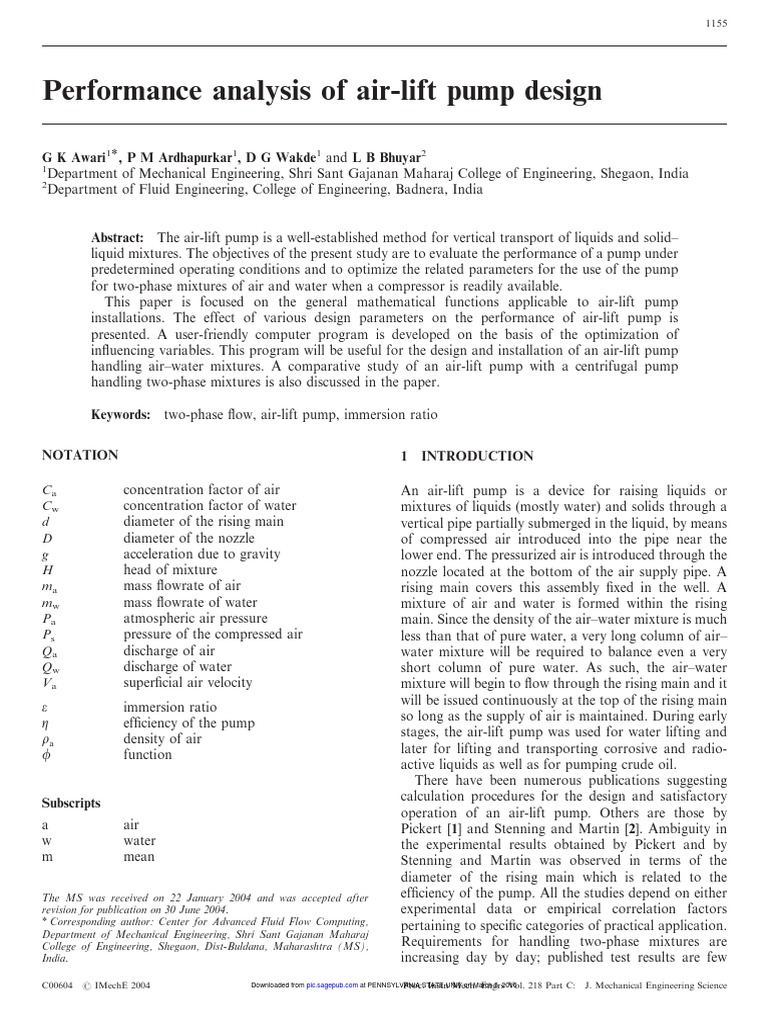 Performance Analysis of Air-Lift Pump Design: at Pennsylvania State ...