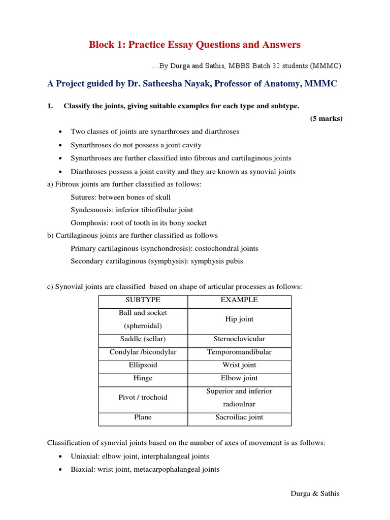 Block 1 Essay Question and Answers (MBBS) | PDF | Human Leg | Knee