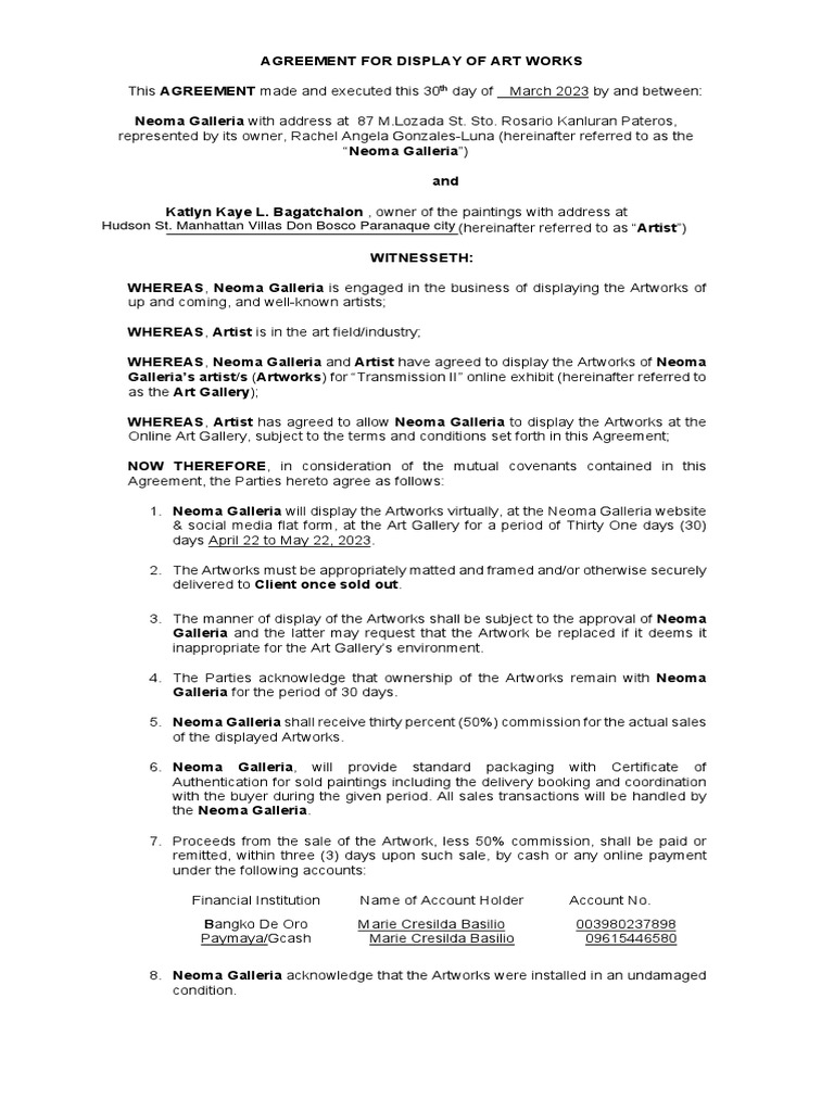 Agreement for the Display and Sale of Artworks in an Online Gallery ...