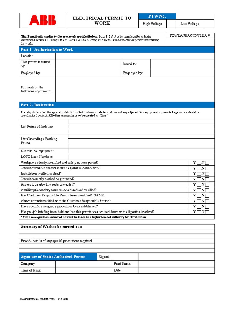 SA-S-107-01-01 Electrical Permit To Work - PTW (B.1) 2021-02-26 | PDF ...