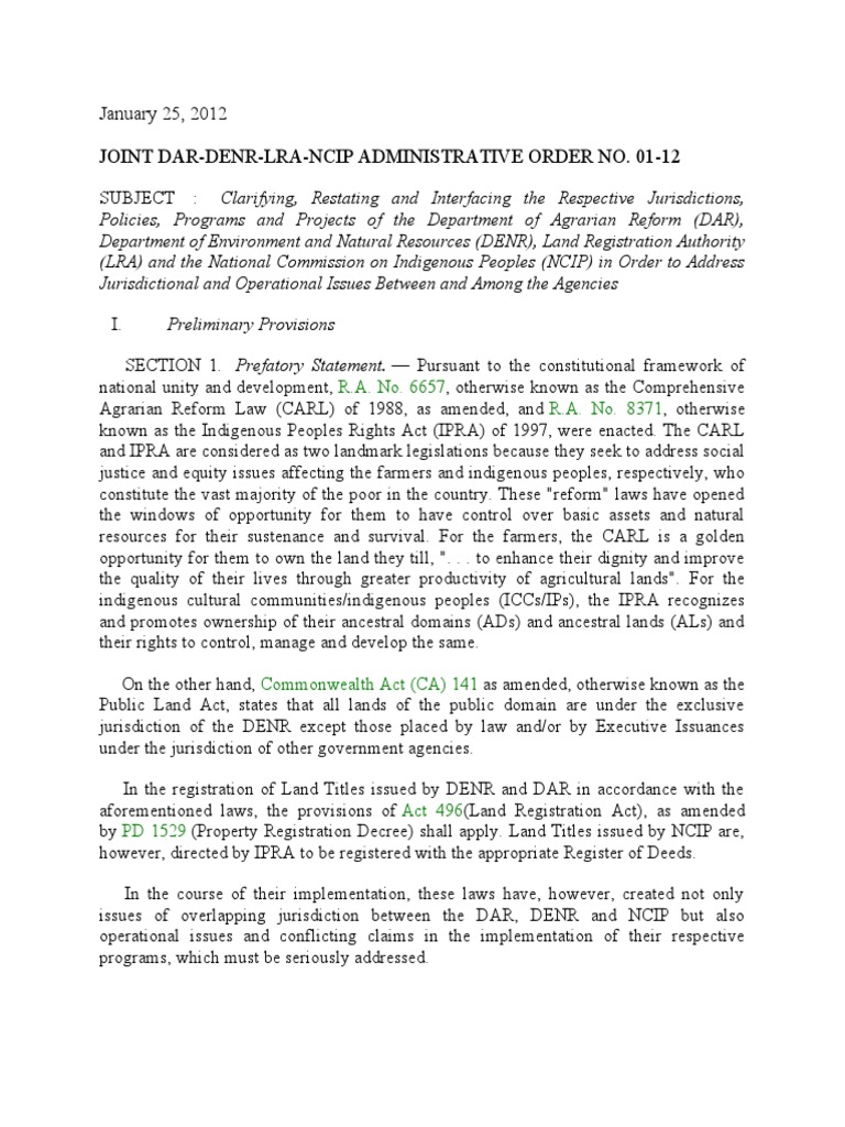 Jurisdictional Guidelines for DAR, DENR, LRA, NCIP | PDF | Intellectual ...