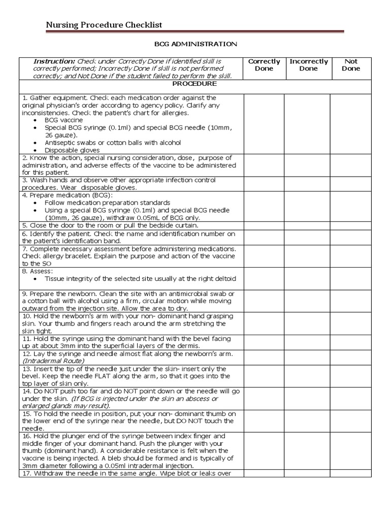 BCG Checklist | Download Free PDF | Injection (Medicine) | Syringe