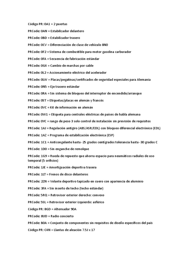 Lista de códigos PR para configurar las especificaciones y ...