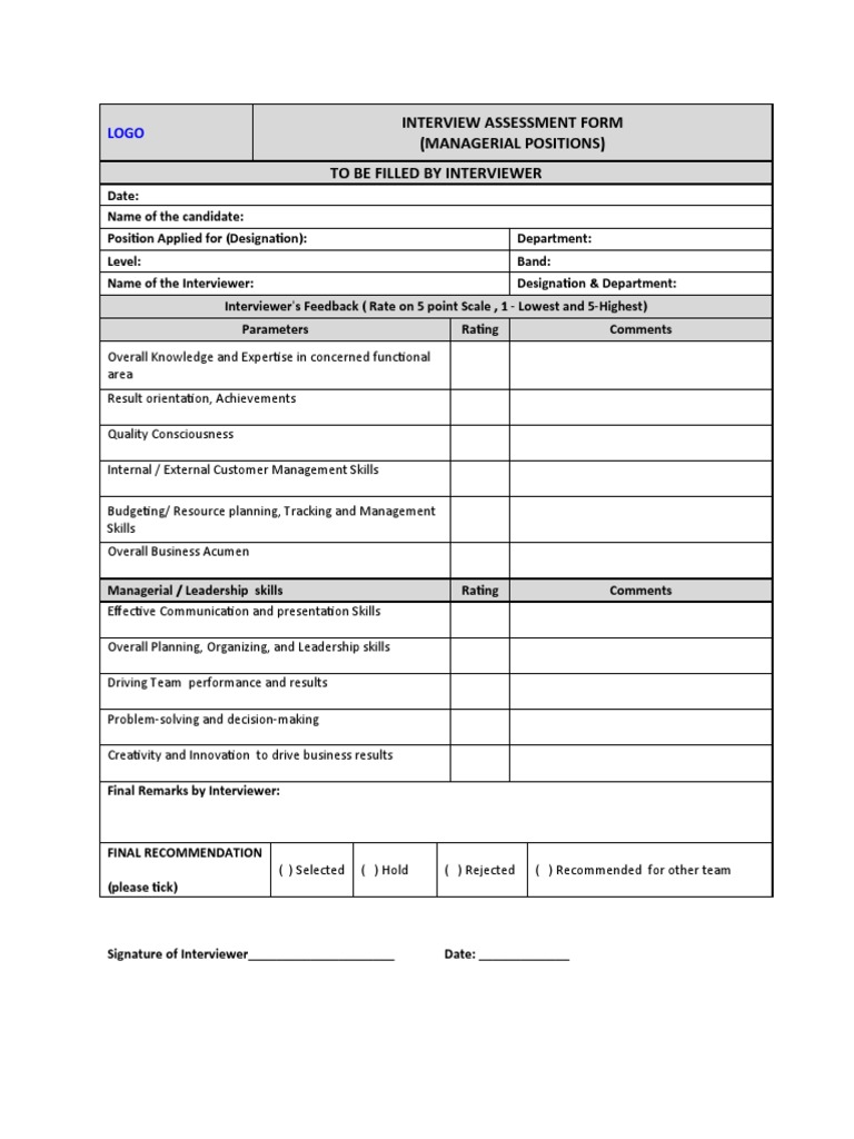 Interview Assessment Form for Managerial Positions | PDF | Leadership | Behavioural Sciences
