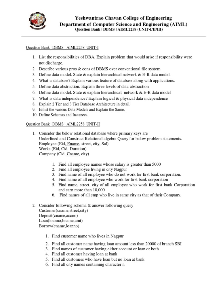 DBMS | AIML2258 | Question Bank | UNIT-I/II/III | PDF | Databases | Information Technology